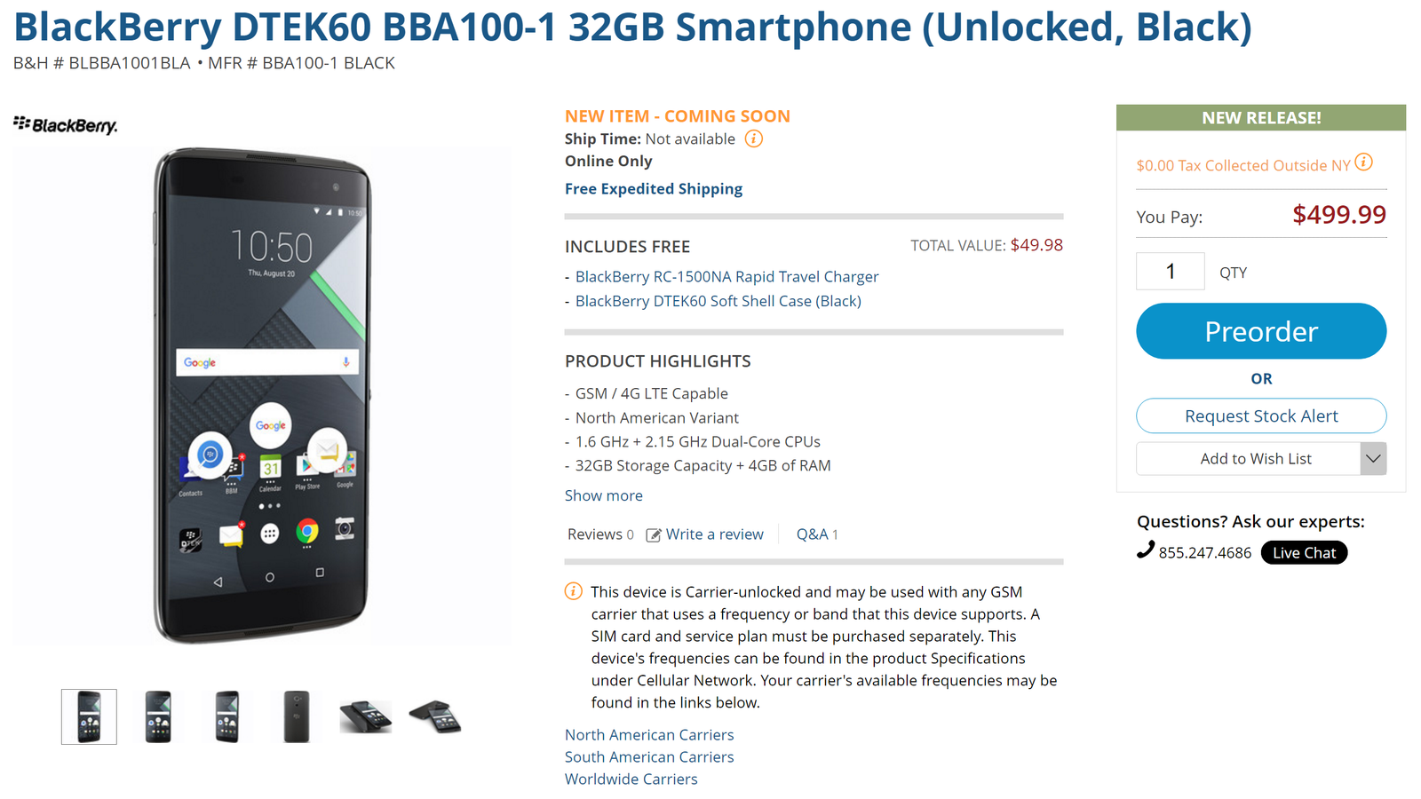 BlackBerry's Snapdragon 820-equipped DTEK60 is up for pre-order at B&H ...