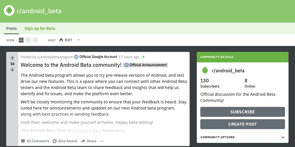 The official Android Beta community moves from Google+ to Reddit