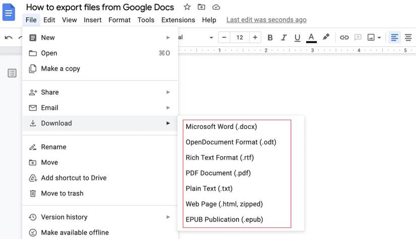 Google Docs: How to export files