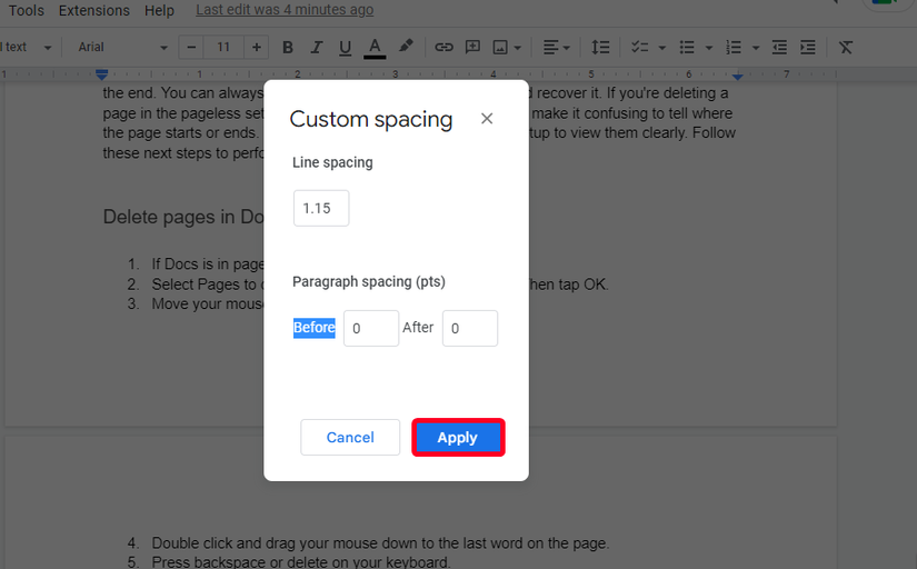 How to delete pages in Google Docs