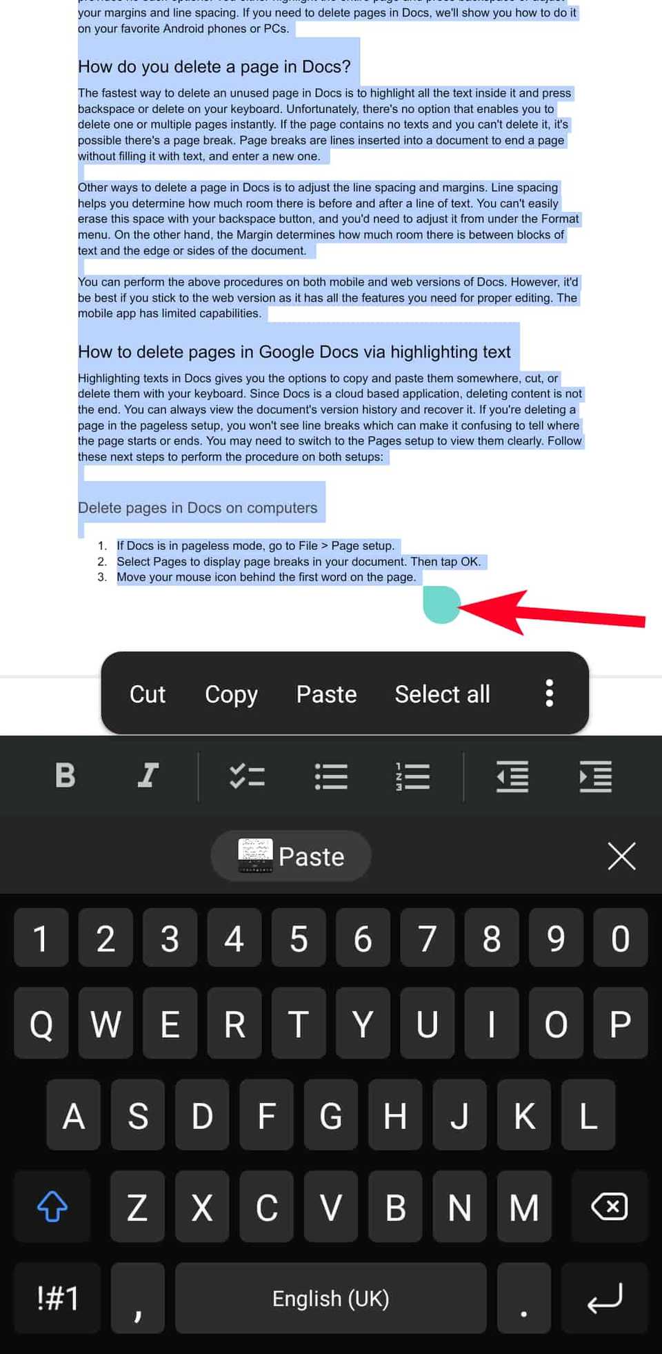 How to delete pages in Google Docs