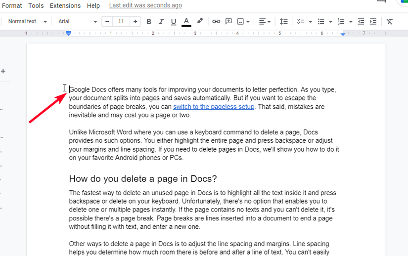 How to delete pages in Google Docs