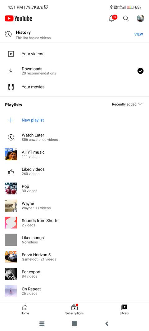 The YouTube app has a new Library tab UI