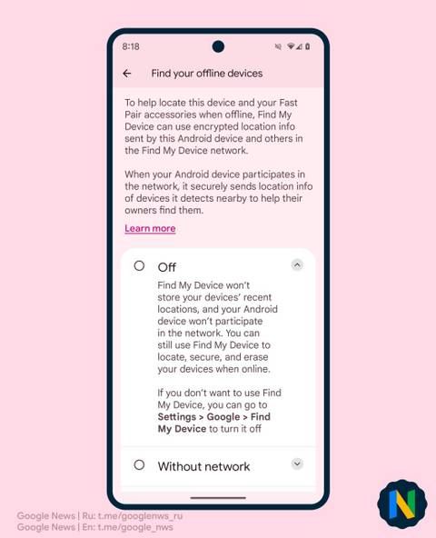 Settings for Google’s Find My Device network are taking shape