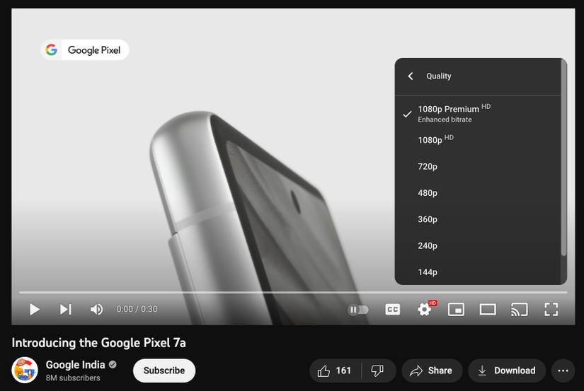 YouTube's 1080p enhanced bitrate option is now widely available on the web