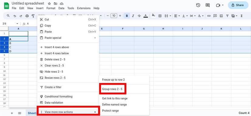 How to group rows or columns in Google Sheets