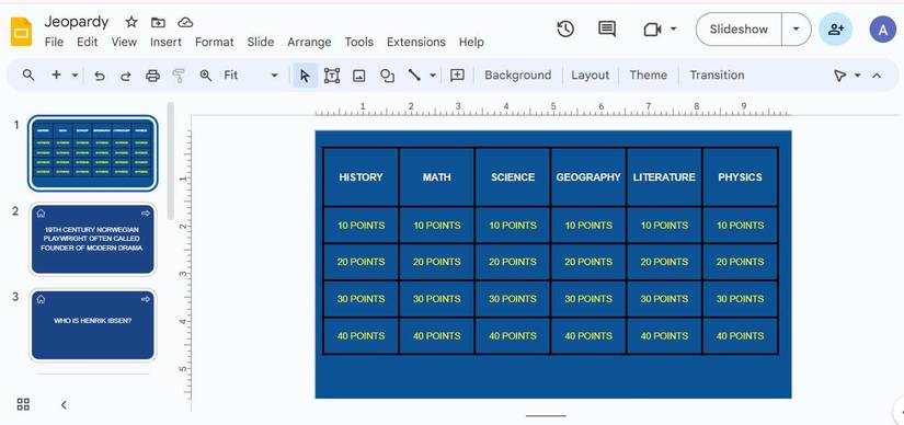 Google Slides: How to make a Jeopardy game