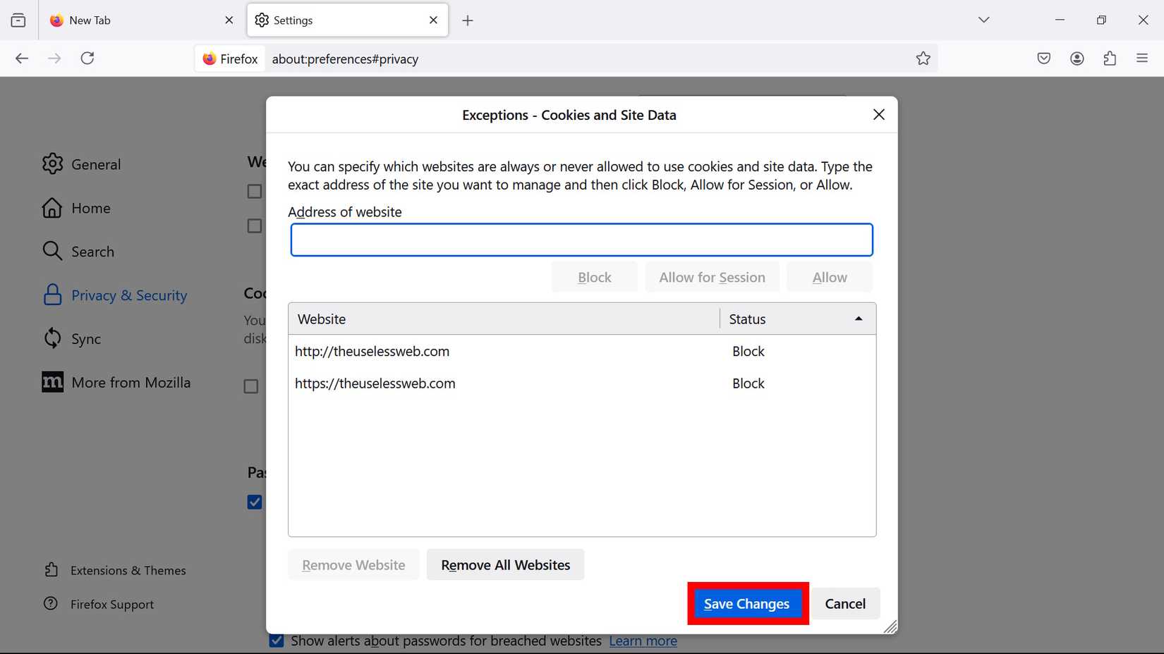 Mozilla Firefox: How to block a specific website