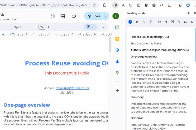 Google Chrome is working on several Reading mode improvements, including Docs integration