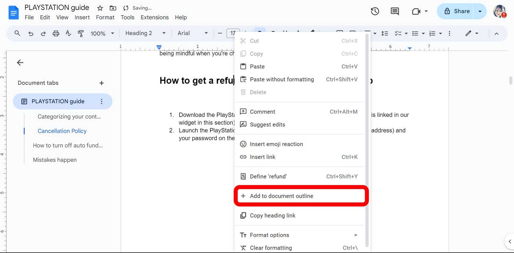 Google Docs: How to create an outline