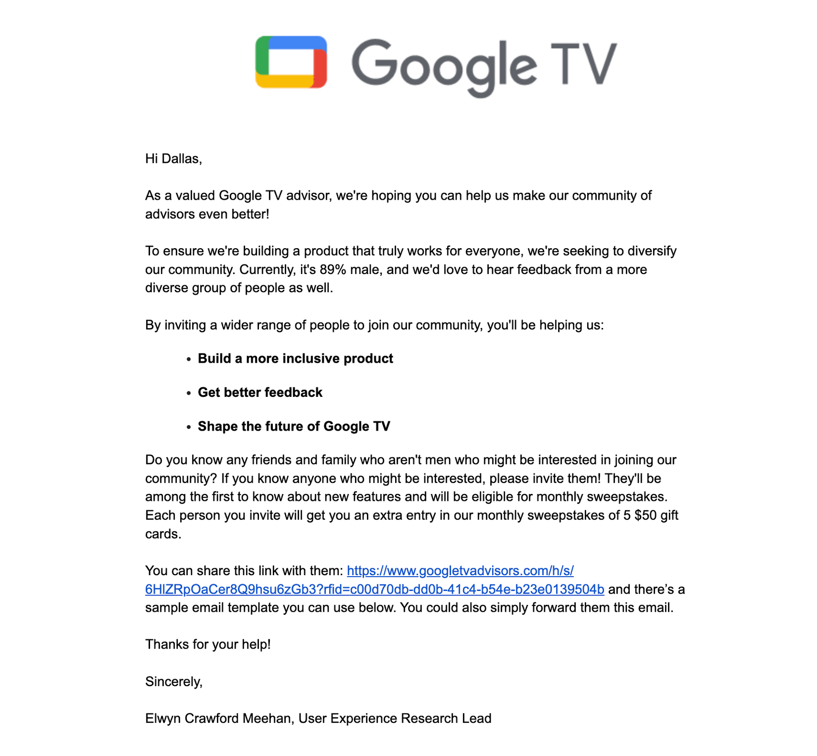 Google TV is looking for women to help shape the platform's future