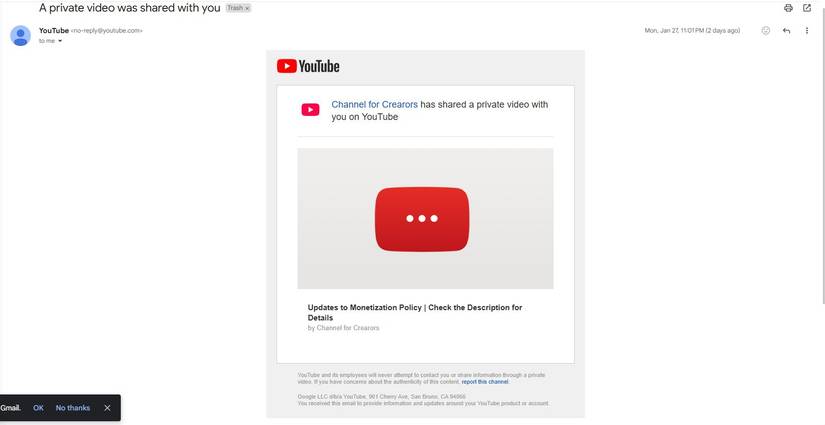 Think twice before you open an email that appears to be from YouTube