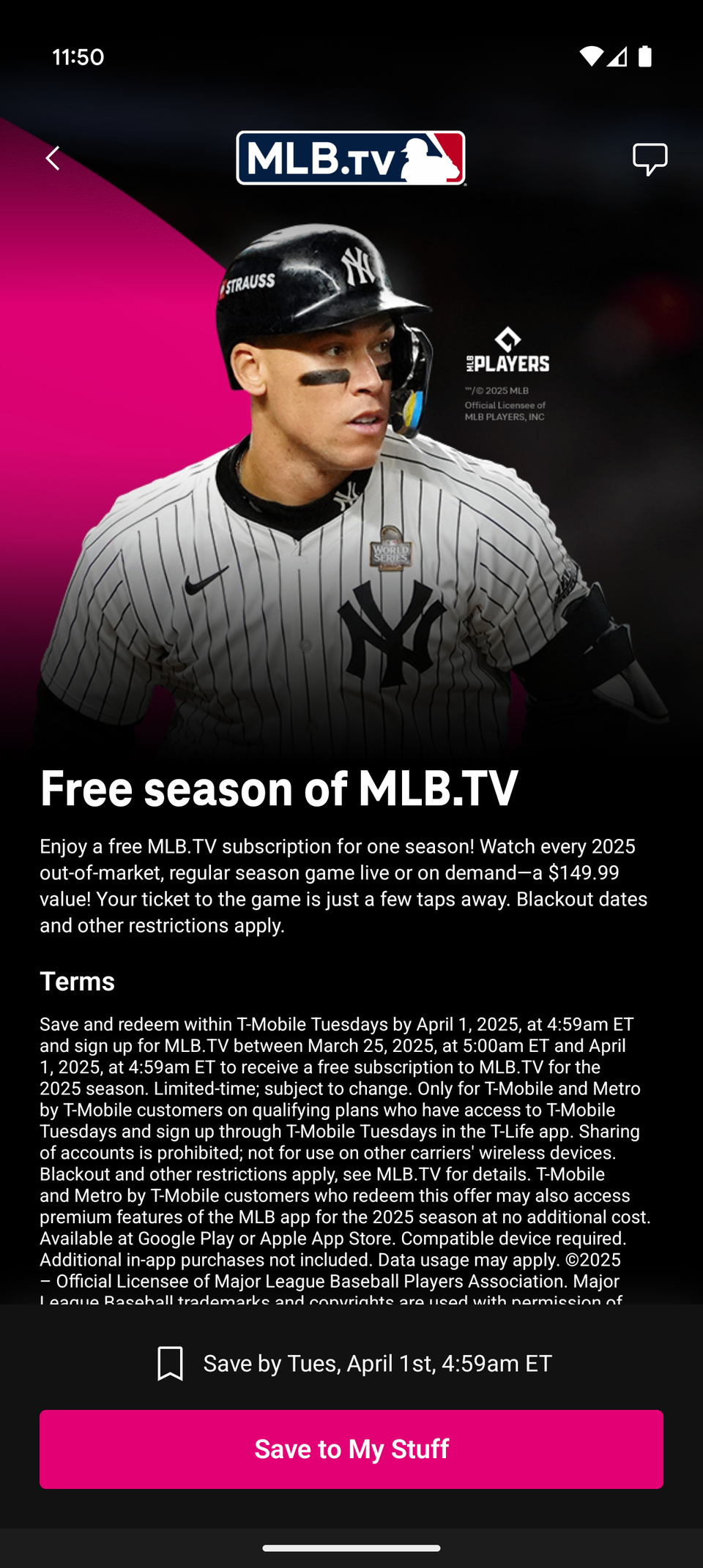 You have from now until Tuesday to get a year of MLB TV on T-Mobile's dime