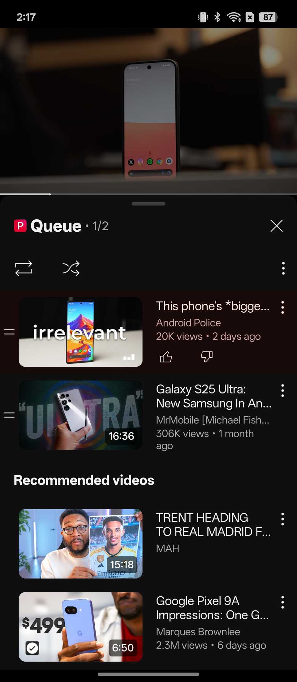 YouTube's newest experiment adds recommendations right in the playback queue