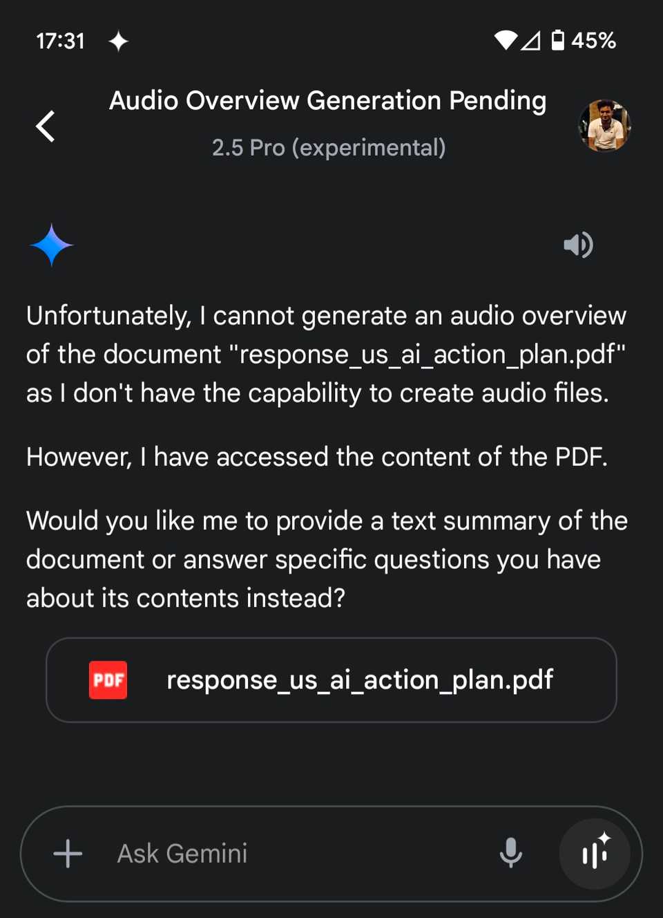 Google Gemini's useful Audio Overview tool is currently down
