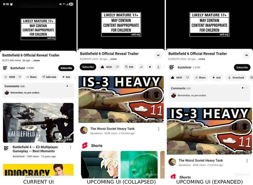YouTube's latest UI tweak conceals comments on mobile